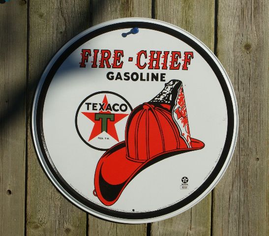 Texaco Fire Chief Gas Tin Metal Round Sign Garage Man Cave Gasoline Oi ...