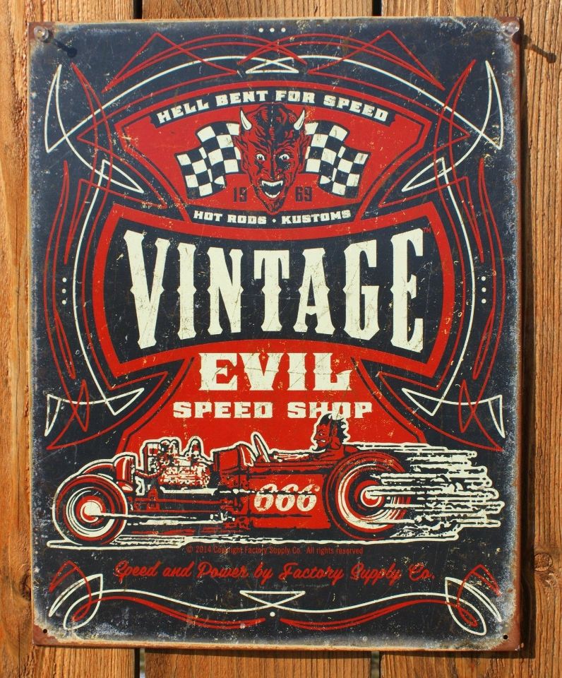 Vintage Evil Speed Shop Tin Metal Sign Hot Rod Race Car Garage Devil P ...