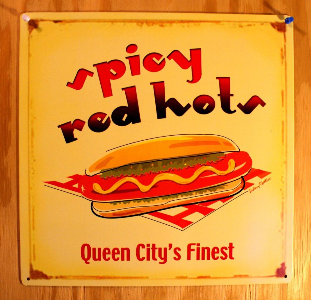 Spicy Red Hots Hot Dog Queen City's Finest restaurant diner Tin Metal ...