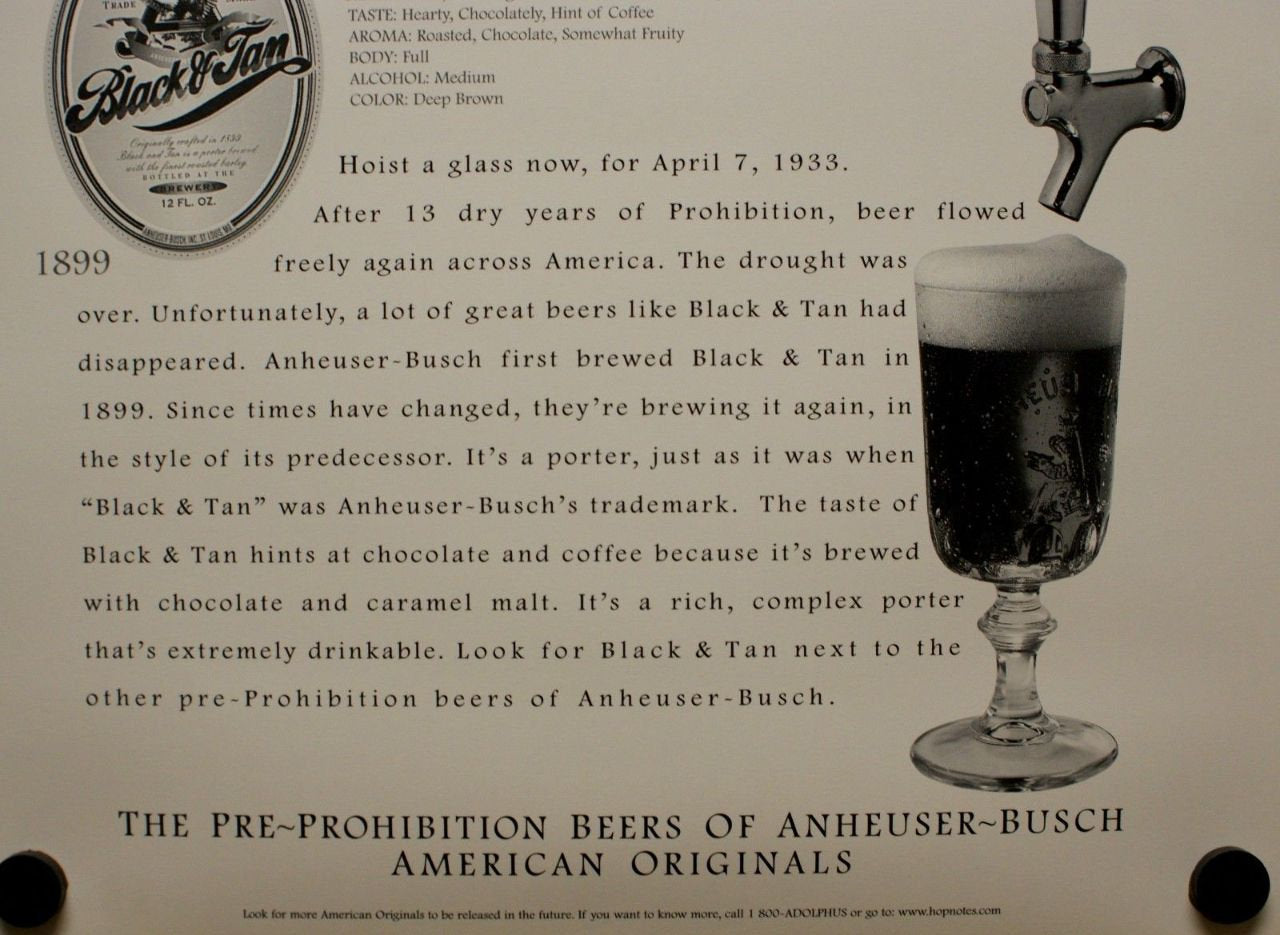 Anheuser Busch Black And Tan Beer American Original Poster Mint Rare V ...